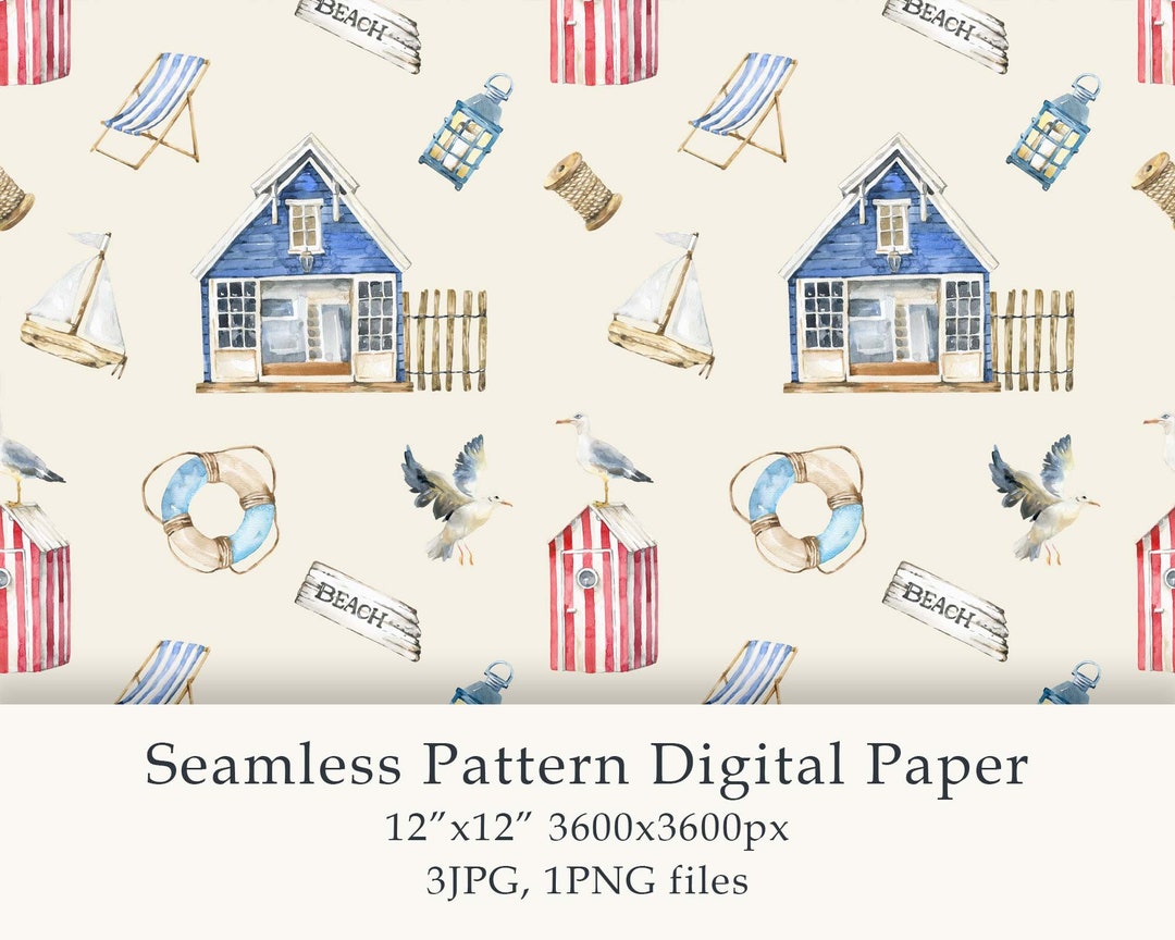 Watercolor Beach Seamless Pattern Digital Paper Beach House Summer ...