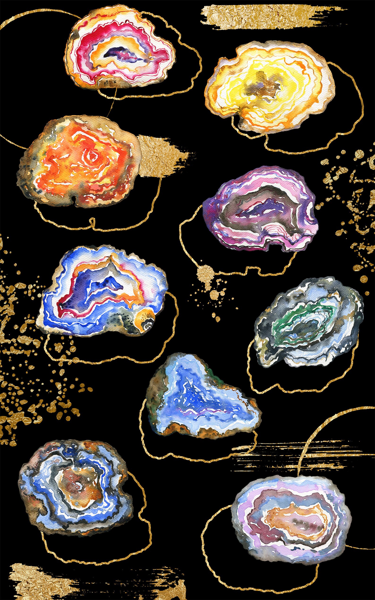 Watercolor Agates Clipart Gold Frames Gemstone Elements - Etsy