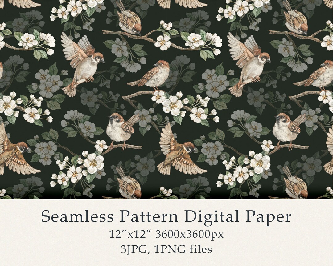 Watercolor Sparrows in the Spring Garden Seamless Pattern Digital Paper ...
