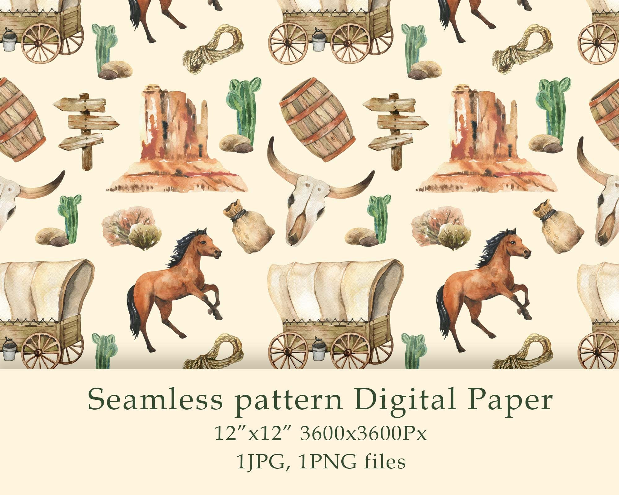 Watercolor Western Seamless Pattern Digital Paper Cowboy | Etsy