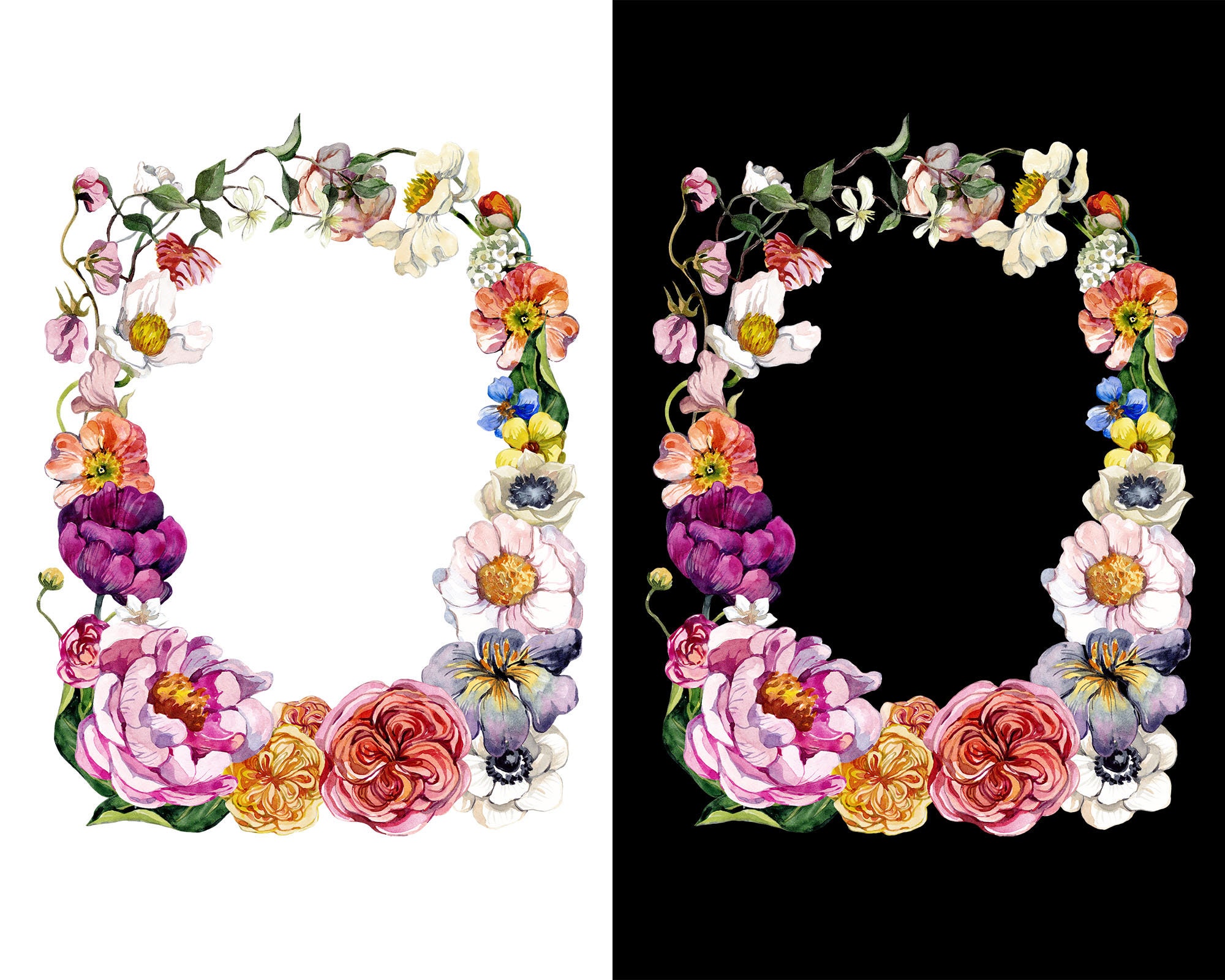 Watercolor Floral Frame Floral Clipart With Roses Pink Flowers - Etsy