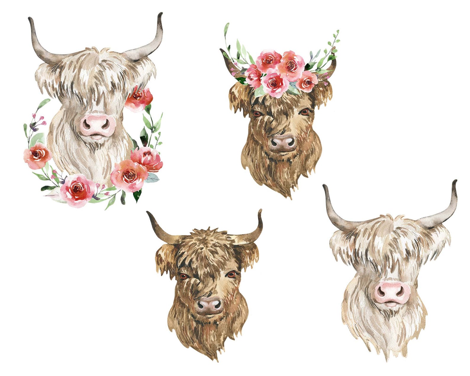 Watercolor Highland Cows Clipart Farm Animals Clipart - Etsy