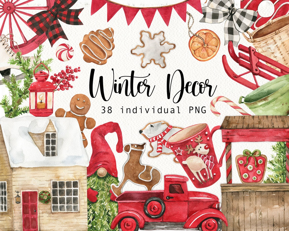 Watercolor Red Winter Decor Clipart Cozy Christmas Clip Art - Etsy