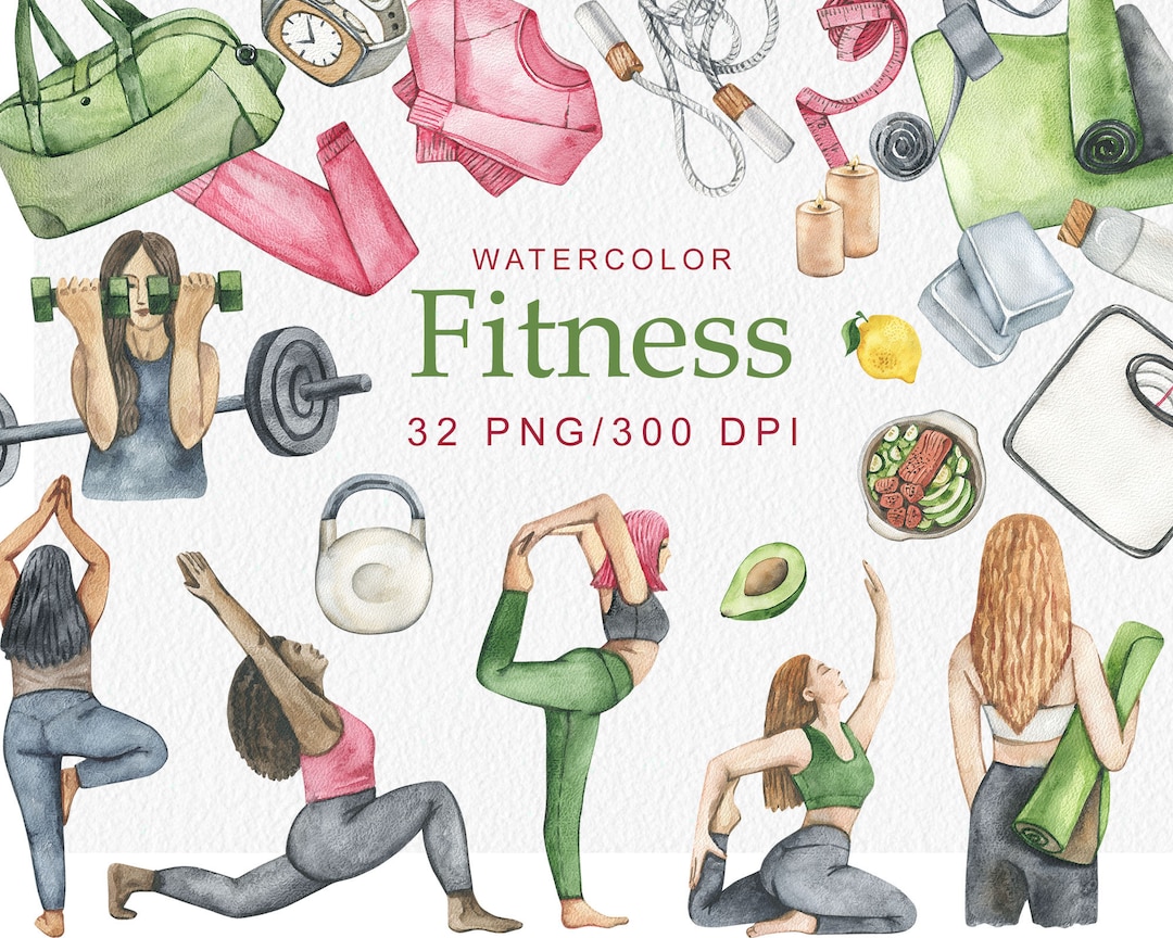 Watercolor Fitness Clipart Yoga Weights Gym Equipment Clip Art Healthy ...