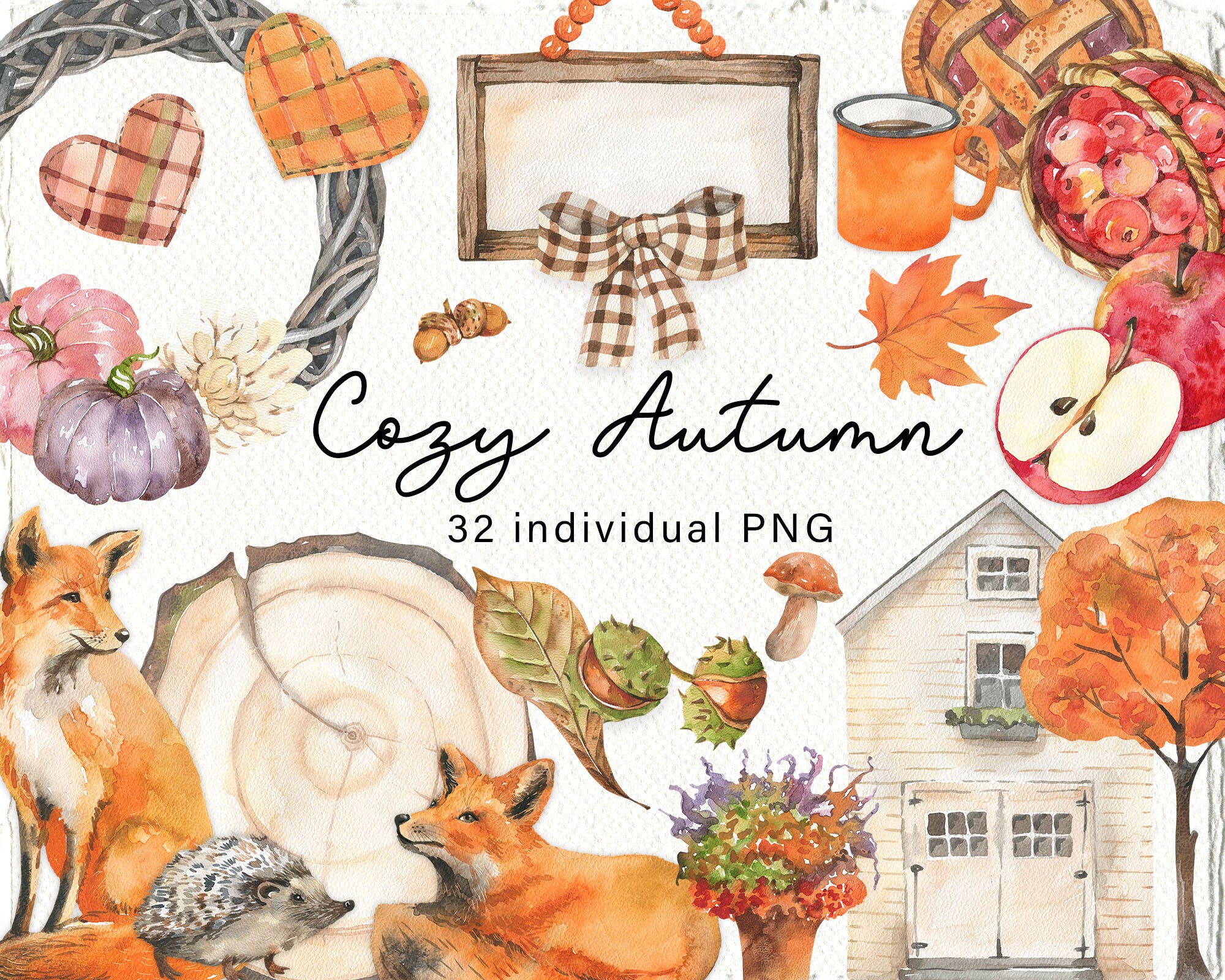 Watercolor Cozy Autumn Clipart Fall Decor Pumpkins Clip Art Farmhouse ...