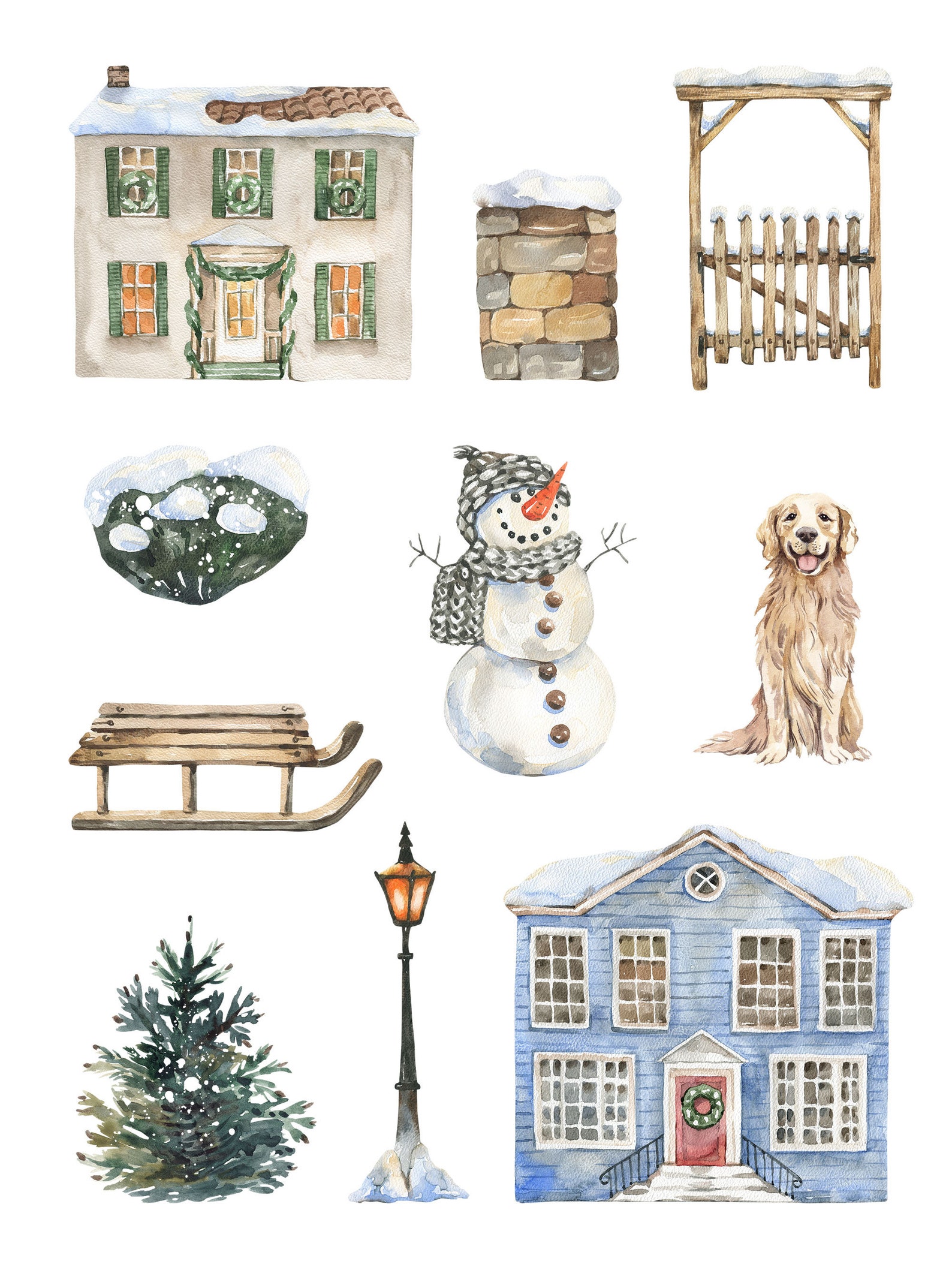 Watercolor Christmas Clipart Winter Houses Cozy Clipart Christmas Tree ...