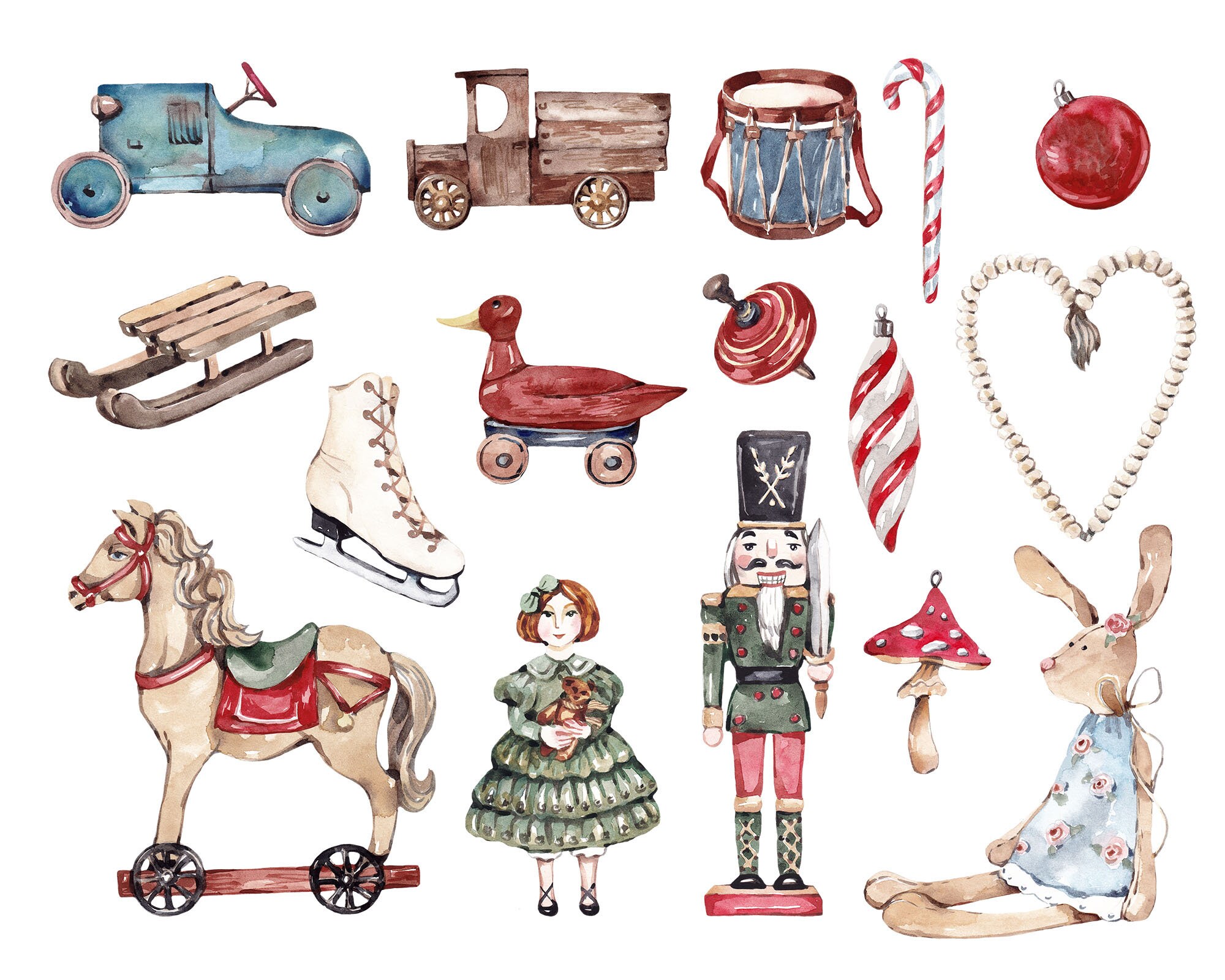 Watercolor Clipart Winter Christmas Toys Vintage Cozy Clip Art ...