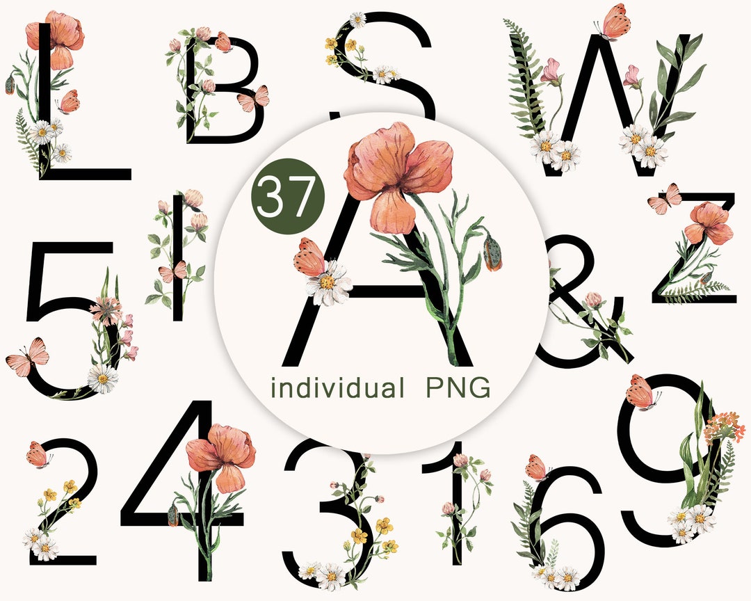 Watercolor Wildflowers Alphabet Letters Floral Clipart Numbers ...