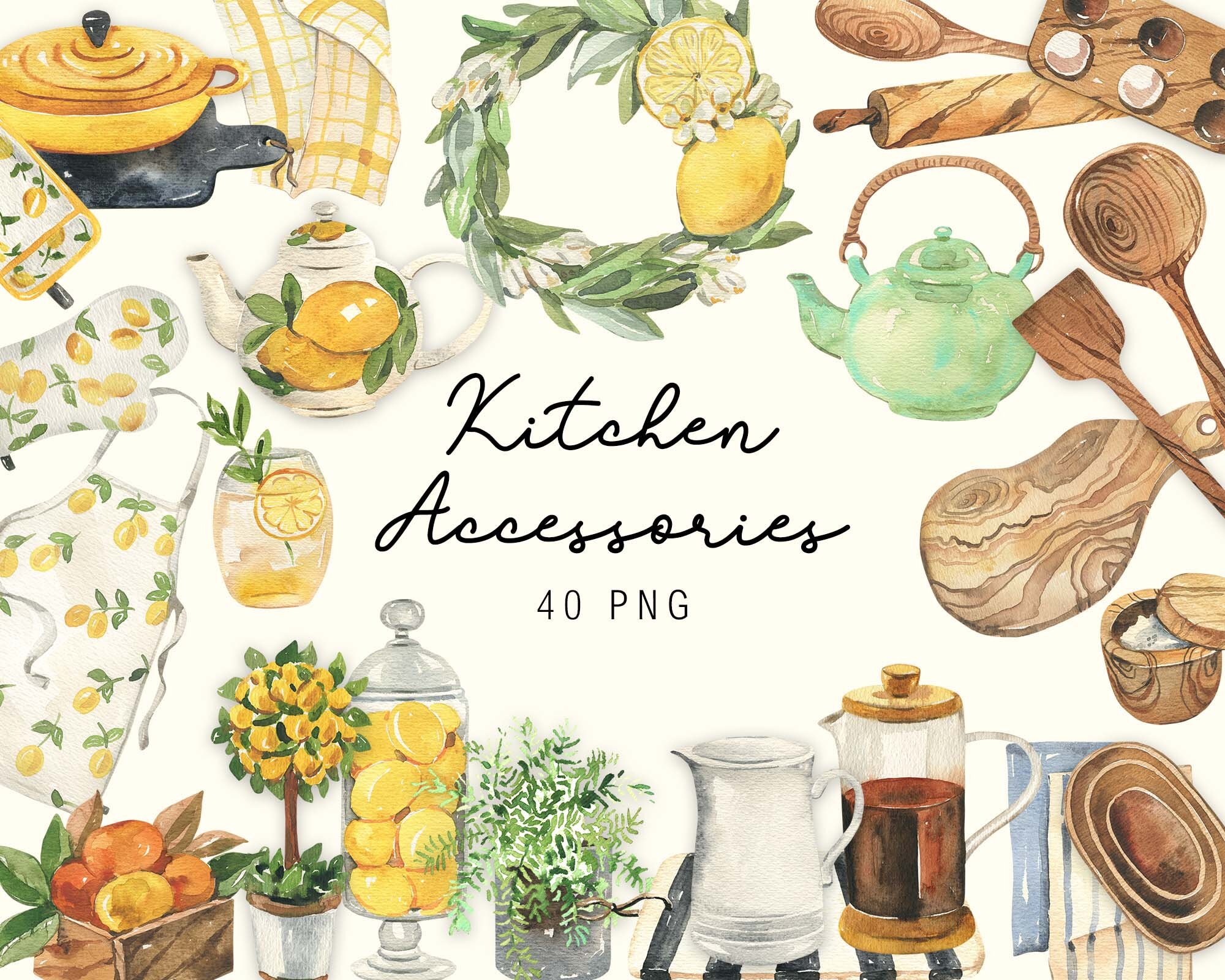 Watercolor Kitchen Accessories Clipart Kitchen Wood Tools Food - Etsy
