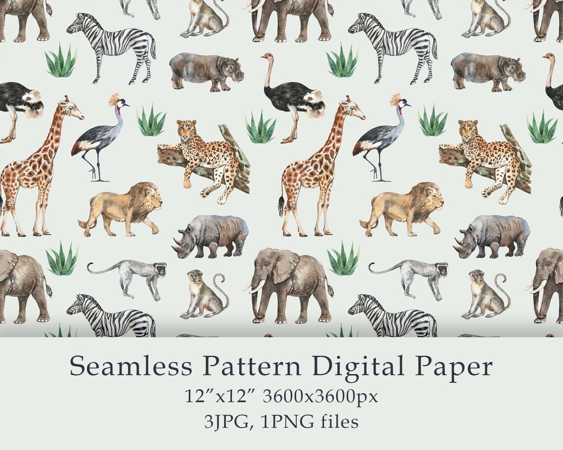 Watercolor African Animals Pattern | Safari Digital Paper (PNG, JPG) - Etsy