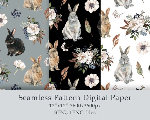 Watercolor Floral Rabbit Seamless Pattern Digital Paper | Etsy