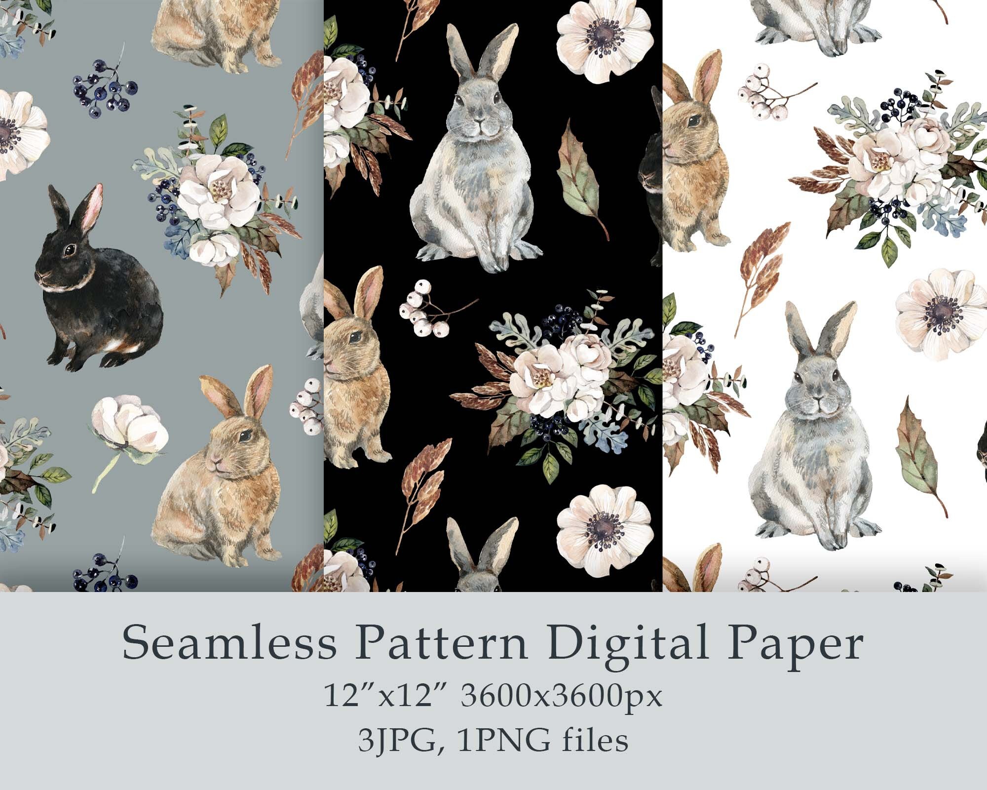 Watercolor Floral Rabbit Seamless Pattern Digital Paper - Etsy