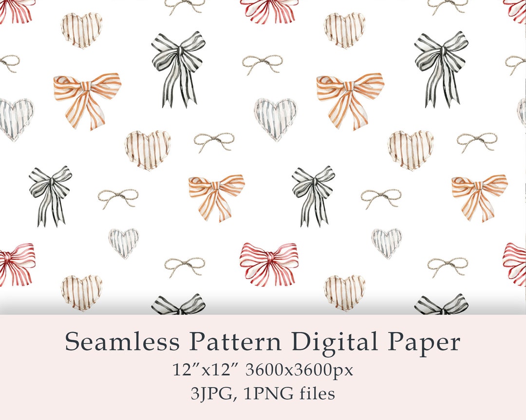 Watercolor Heart and Bows Seamless Pattern Digital Paper Vintage ...