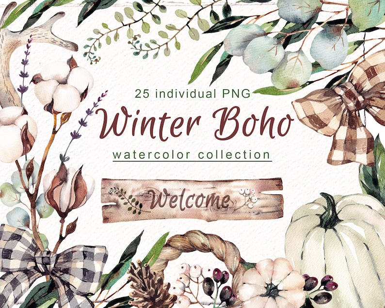 Watercolor Winter Clipart Boho Christmas Watercolor Clip Art - Etsy