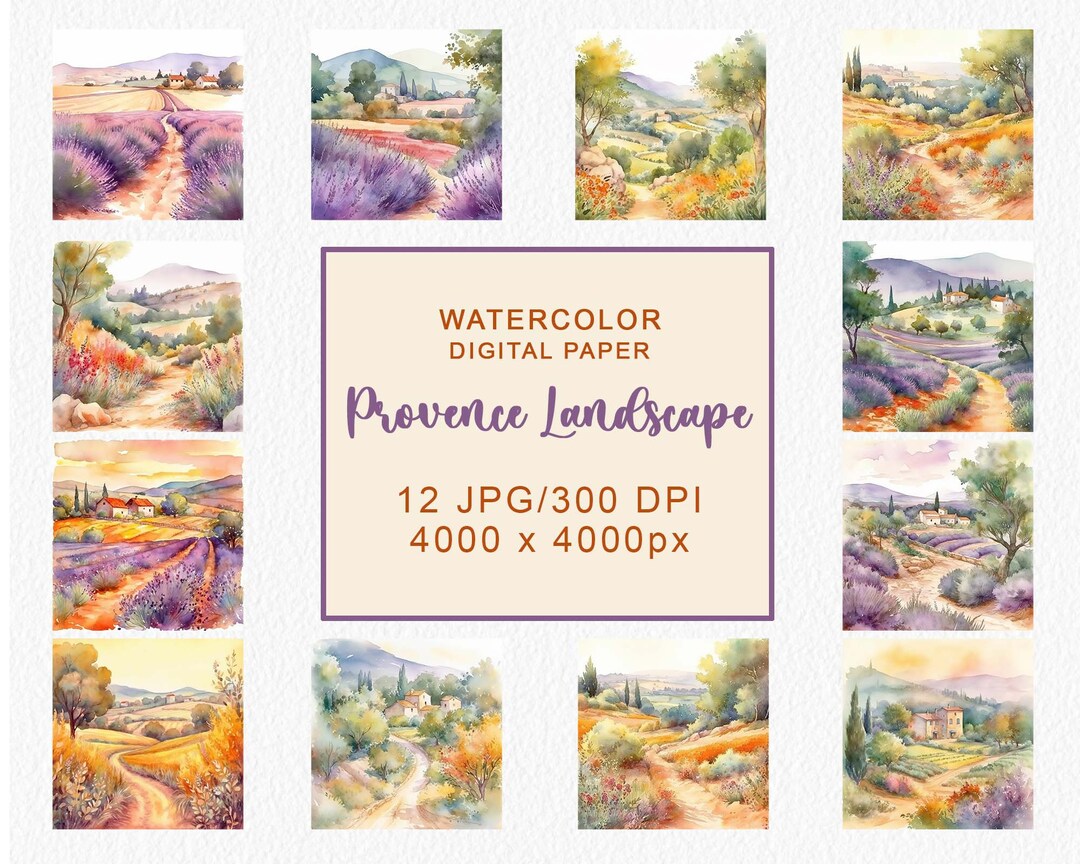 Watercolor Provence Landscape Backgrounds Summer Landscape Digital ...