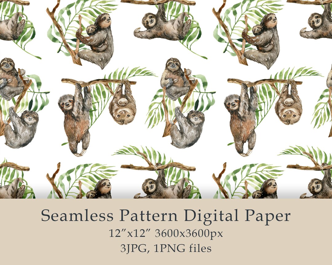 Watercolor Sloths Animals Pattern Digital Paper Equatorial Forests ...