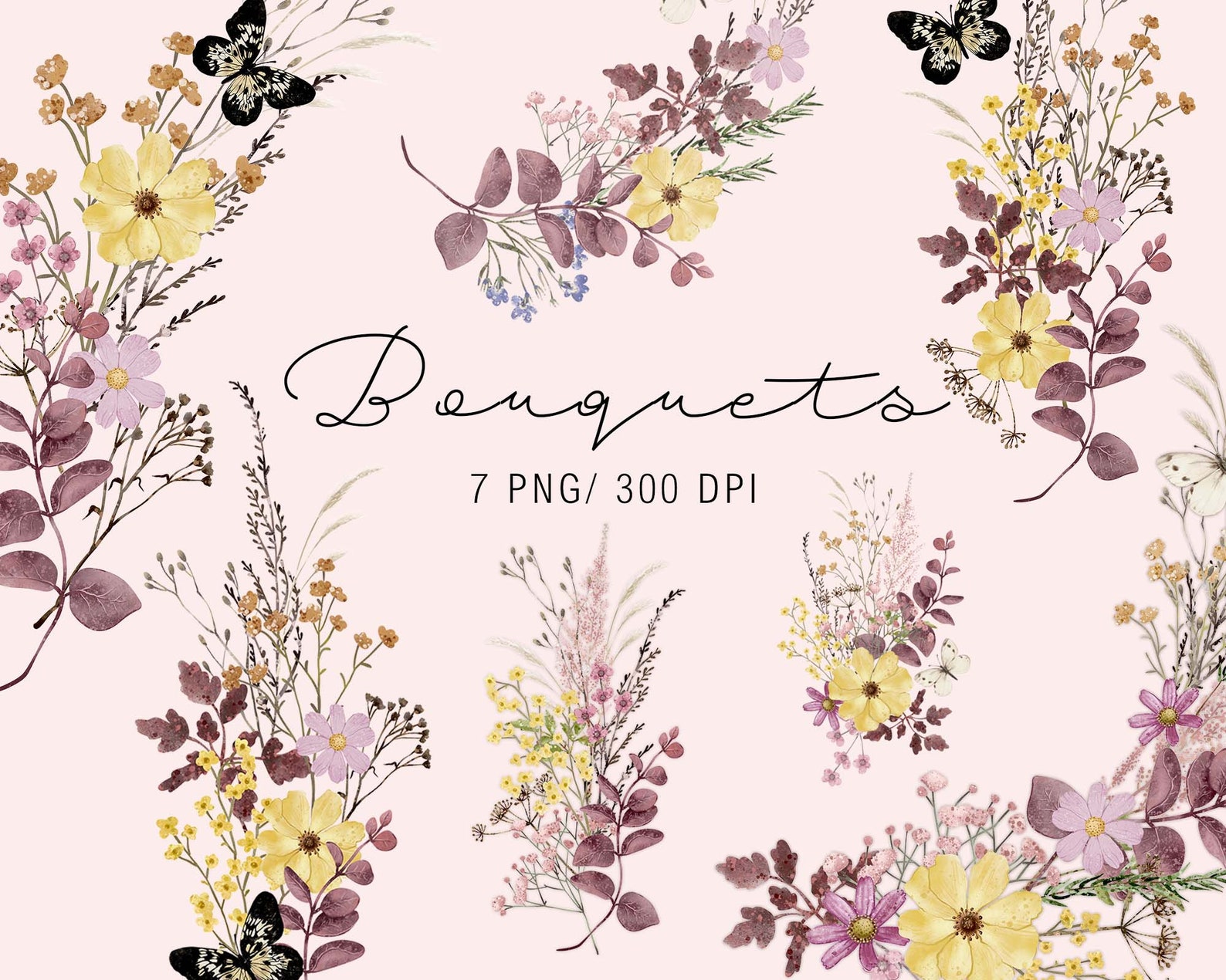 Hand Drawn Boho Bouquets Clipart Garden Wild Flowers Clip Art - Etsy