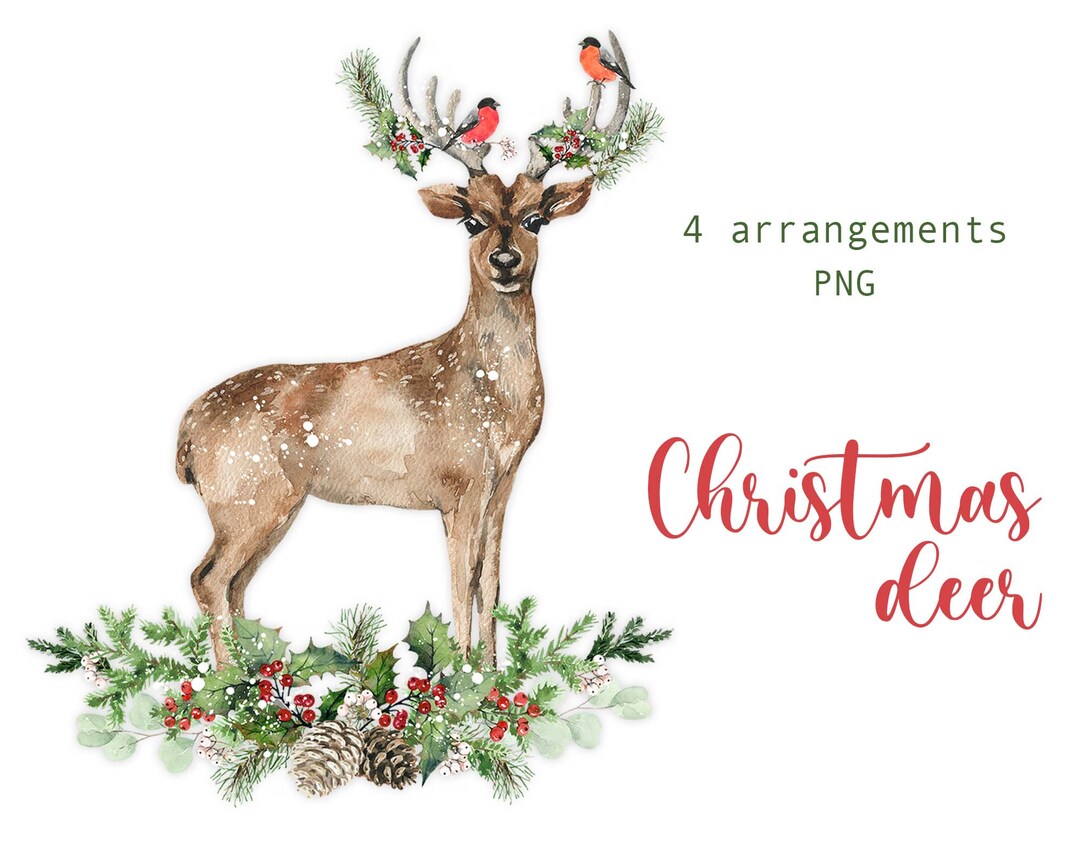 Watercolor Christmas Deer Arrangement Clipart Green Wreath Christmas ...