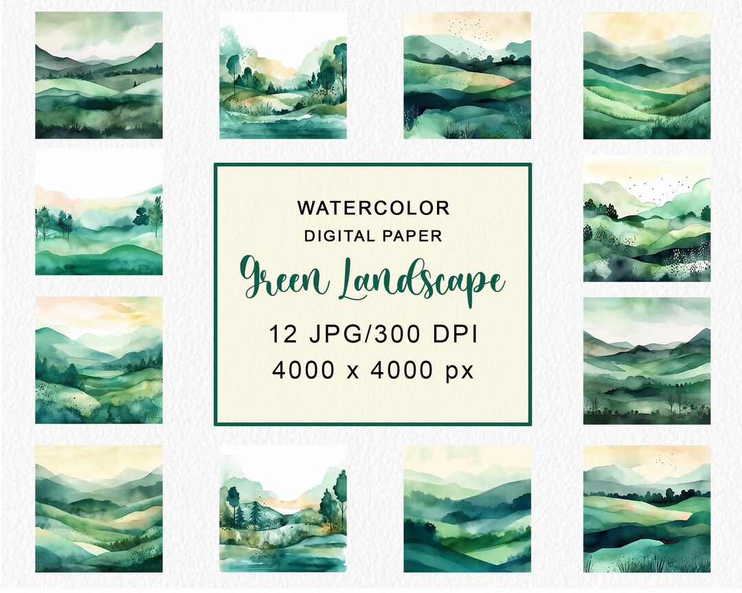 Watercolor Green Landscape Backgrounds Minimal Landscape Digital Paper ...