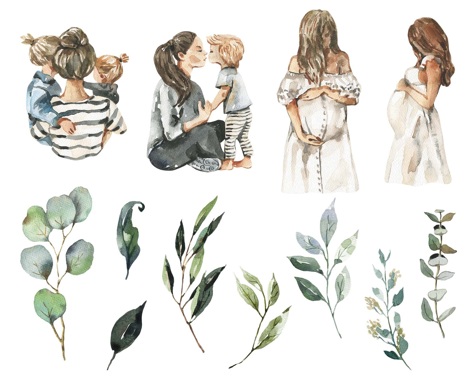 Watercolor Mom and Baby Clipart Baby Shower Pregnant Woman Boy - Etsy