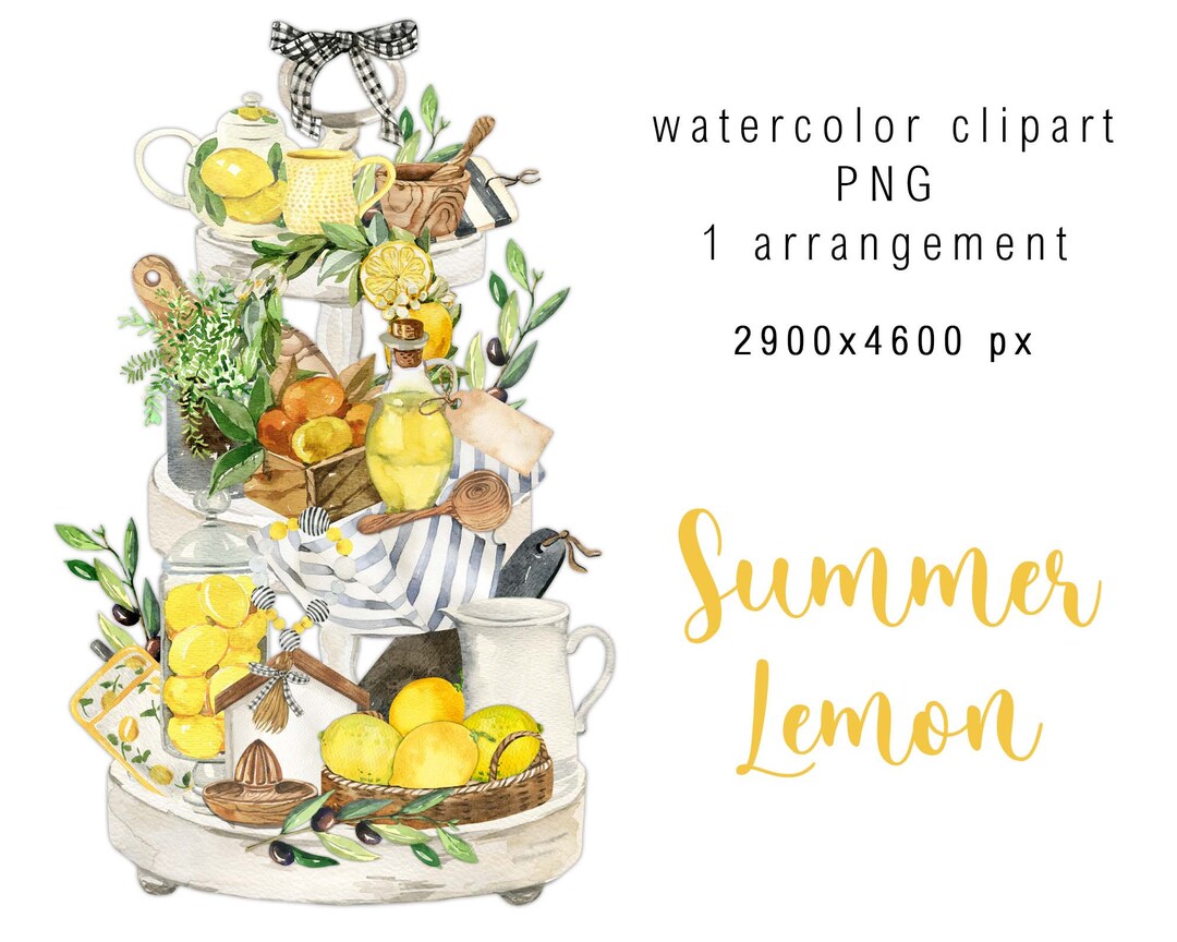 Watercolor Summer Lemon Clipart Kitchen Wood Tools Food Spices Lemons ...
