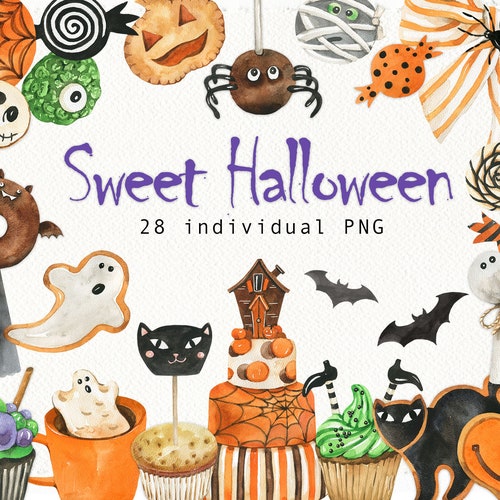 Watercolor Halloween Sweets Clipart Halloween PNG Fall - Etsy