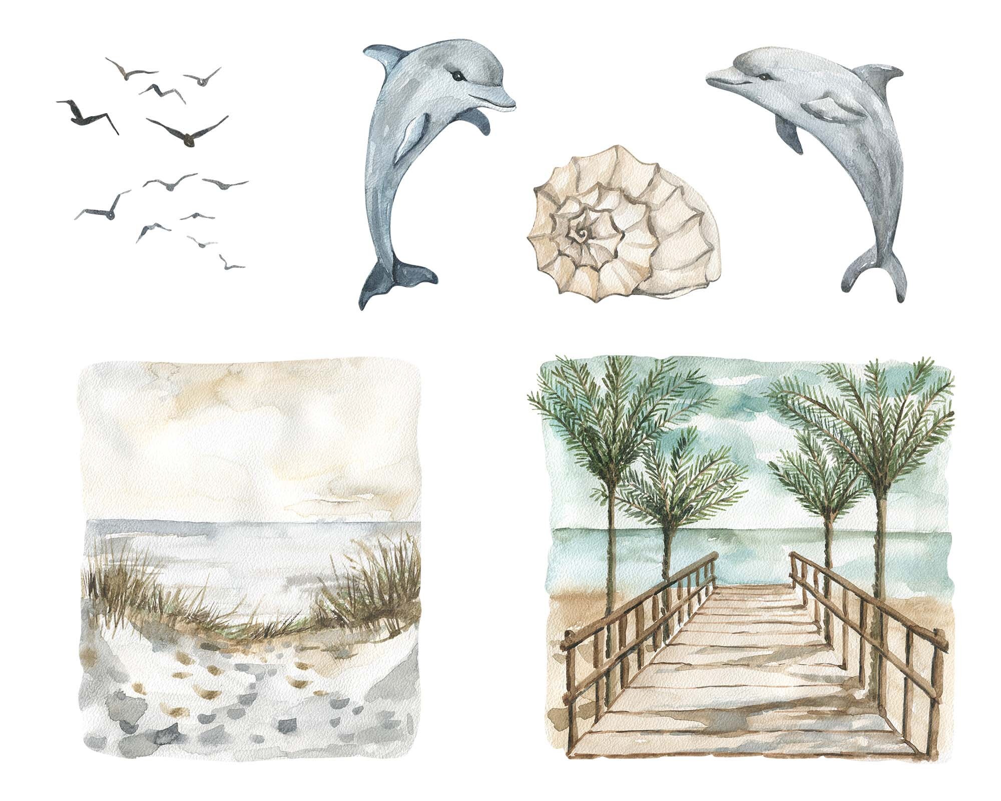 Watercolor Summer Clipart Beach Landscape Seascape Nautical - Etsy