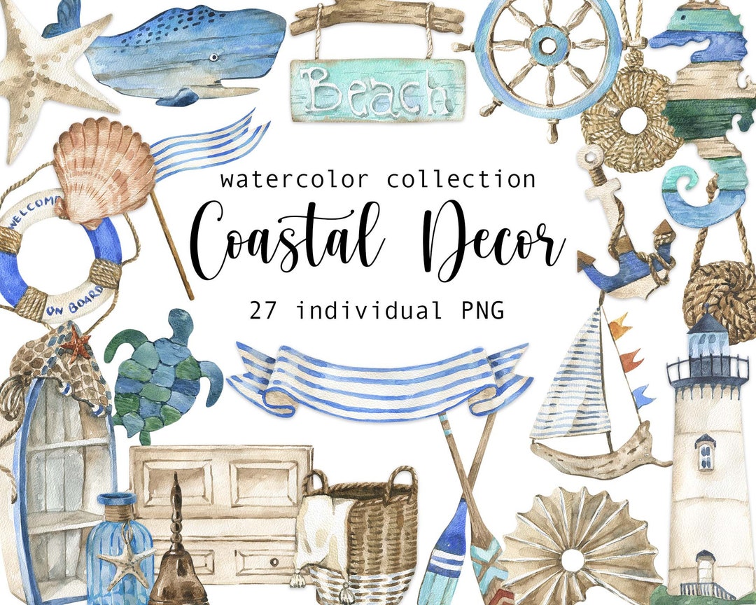 Watercolor Coastal Decor Clipart Summer Seascape Nautical Beach ...