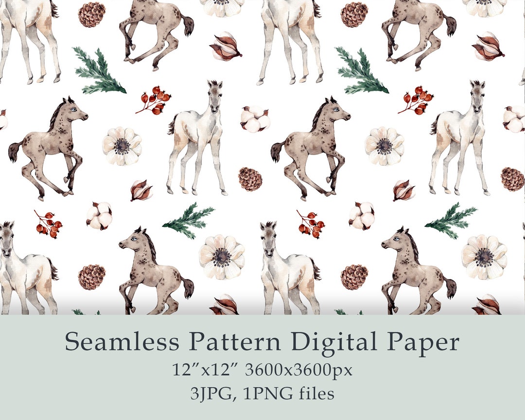 Watercolor Little Horses Seamless Pattern Digital Paper Christmas Decor ...