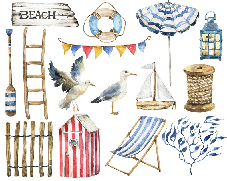 Watercolor Beach Clipart Summer Seascape Nautical Beach House Summer ...