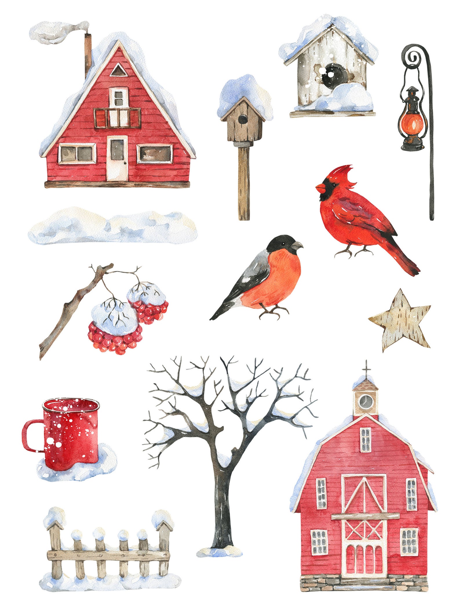 Watercolor Christmas Clipart Winter Houses Cozy Clipart Christmas Tree ...