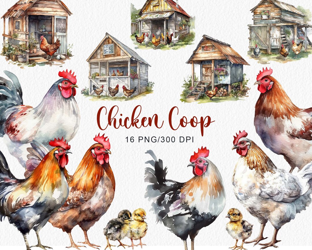 Watercolor Chicken Coop Clipart Hens Farm Birds Clipart Farmhouse Decor ...