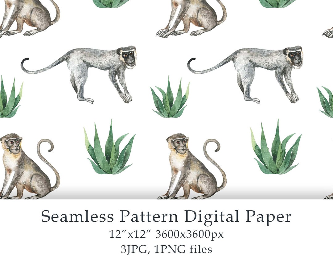 Watercolor Monkeys Seamless Pattern Digital Paper Safari Savannah Wild ...