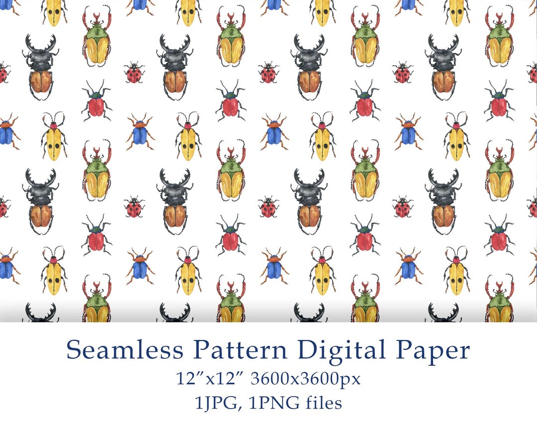 Watercolor Beetles Seamless Pattern Digital Paper Summer Birthday ...