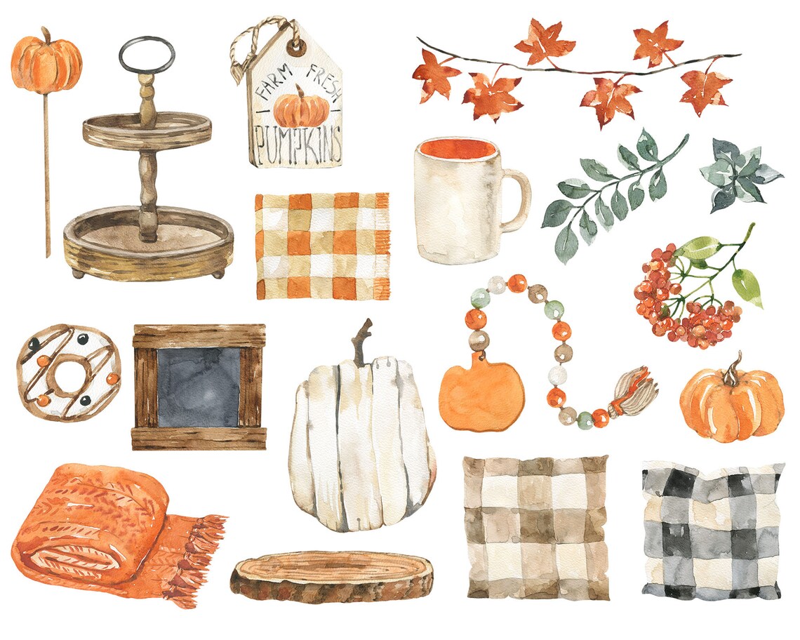 Watercolor Fall Decor Clipart Cozy Autumn Pumpkins Clip Art Farmhouse ...