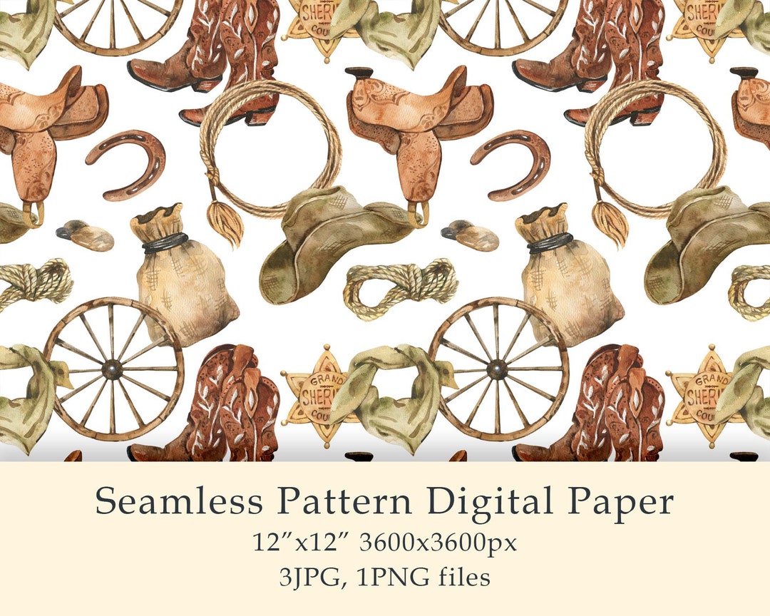 Watercolor Western and Cowboys Seamless Pattern Digital Paper Cowboy ...