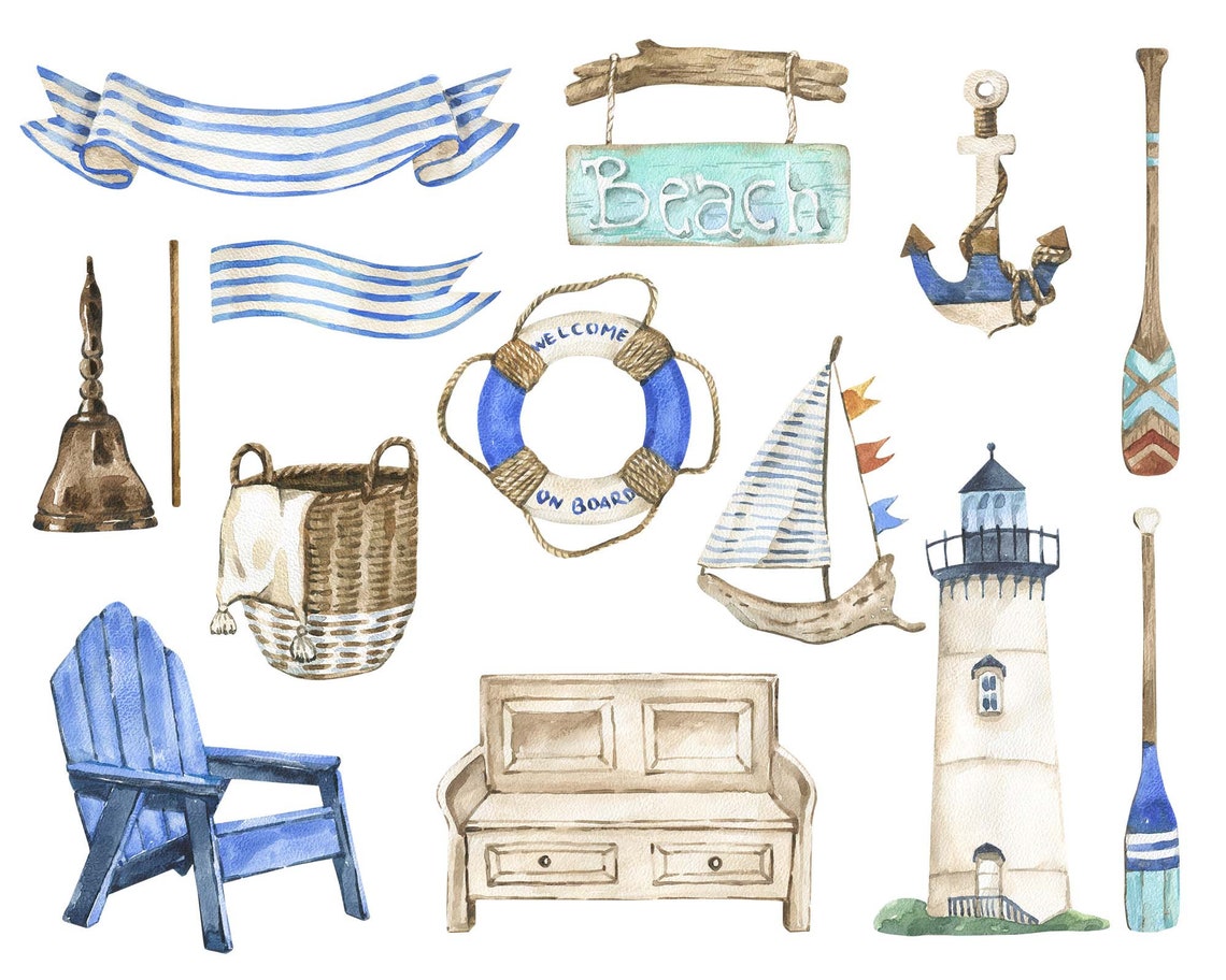 Watercolor Coastal Decor Clipart Summer Seascape Nautical Beach ...
