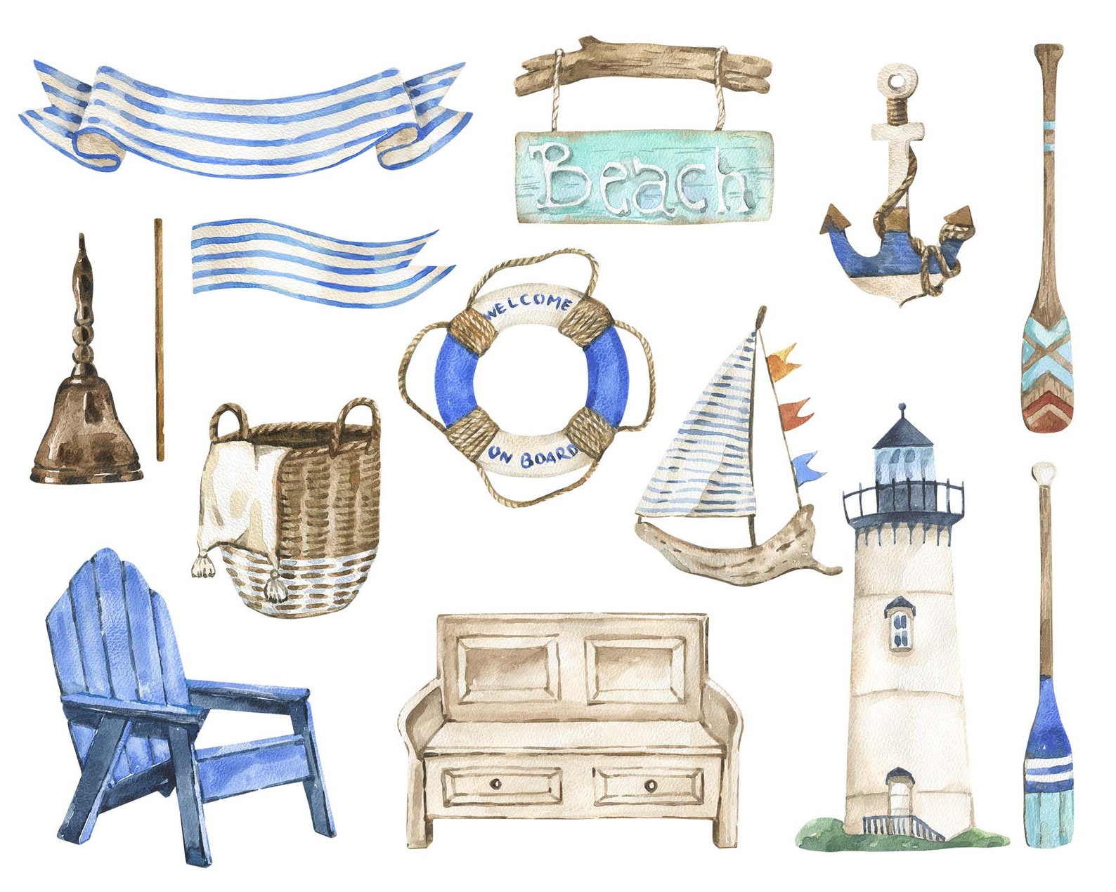 Watercolor Coastal Decor Clipart: 27 Summer Nautical PNG Elements ...