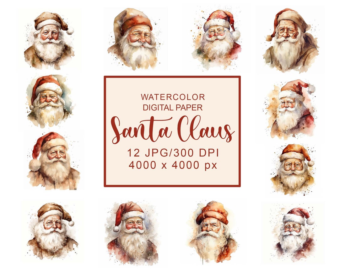 Watercolor Santa Claus Digital Papers Holiday Christmas Scrapbooking ...