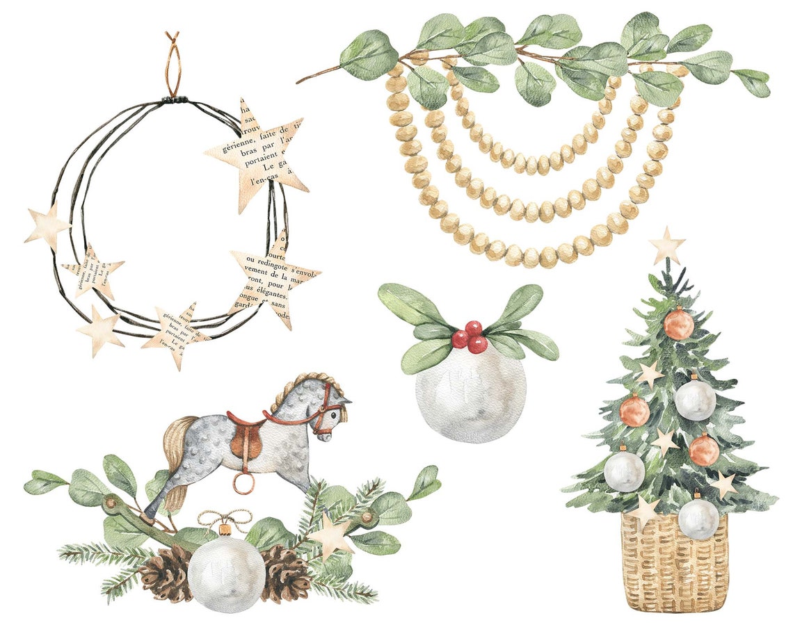 Watercolor Holly Christmas Clipart Wood Houses Winter Decor - Etsy