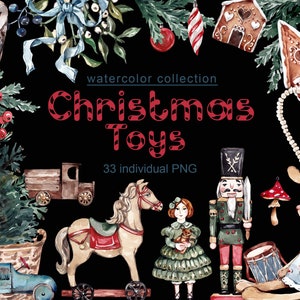 Watercolor Clipart Winter Christmas Toys Vintage Cozy Clip Art ...