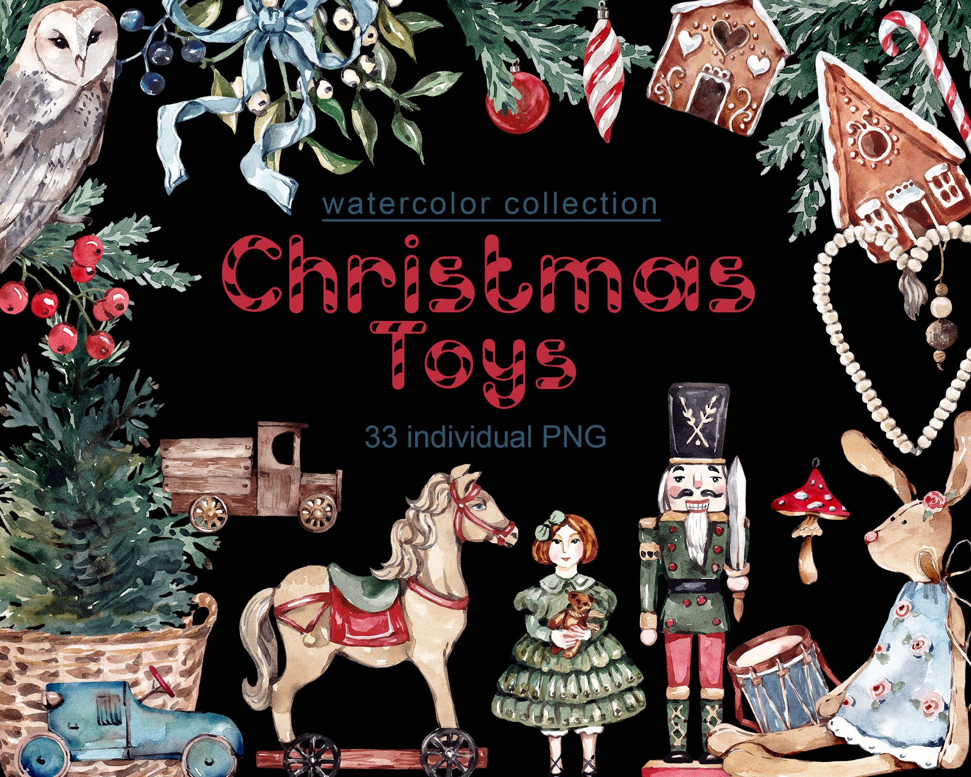 Watercolor Clipart Winter Christmas Toys Vintage Cozy Clip Art ...