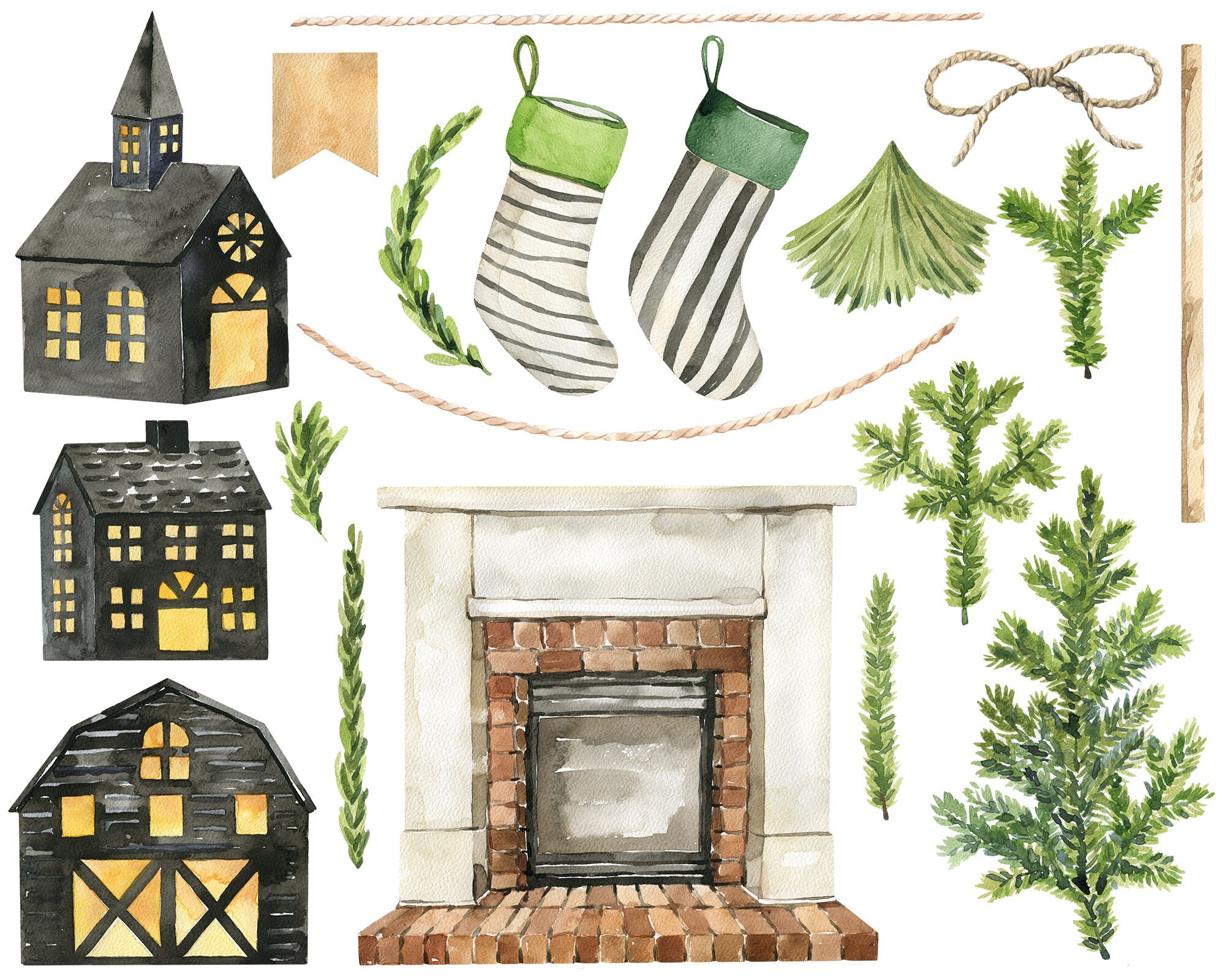 Watercolor Christmas Decor Clipart Cute Houses Winter Cozy | Etsy Canada