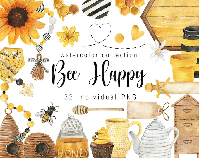 Bee Clipart. Hand Drawn Honey, Hive Clip Art. Doodle Floral Summer ...
