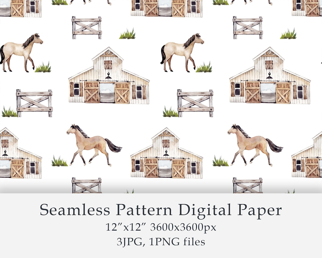 Watercolor Horse in Stable Seamless Pattern Digital Paper Cowgirl ...