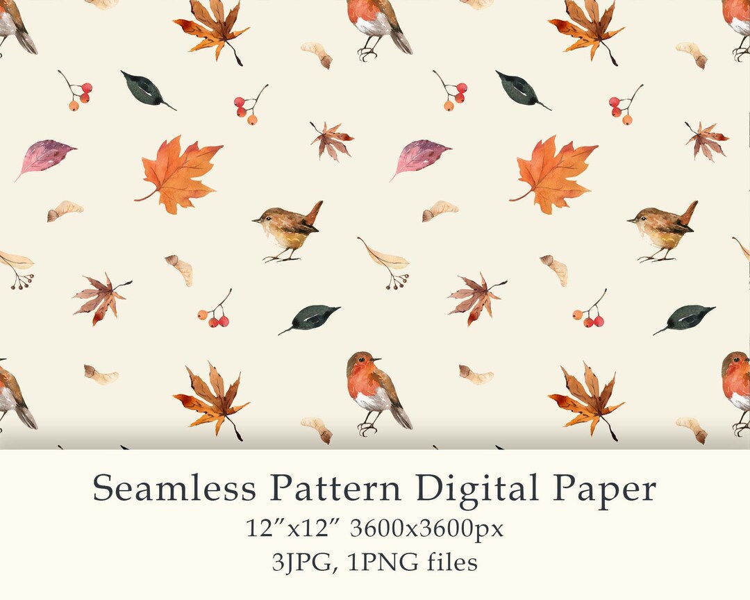 Watercolor Autumn Robin Seamless Pattern Digital Paper Fabric Textiles ...