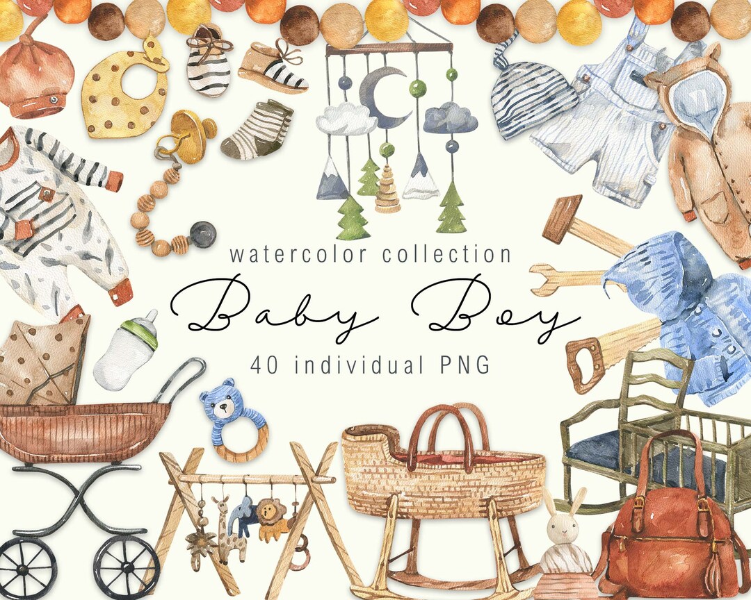 Watercolor Baby Boy Clipart Baby Clothes Toy Clipart Newborn Boy Cute ...