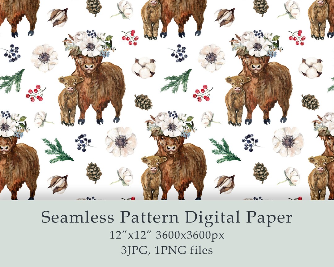 Watercolor Highland Cows Seamless Pattern Digital Paper Cowgboy ...