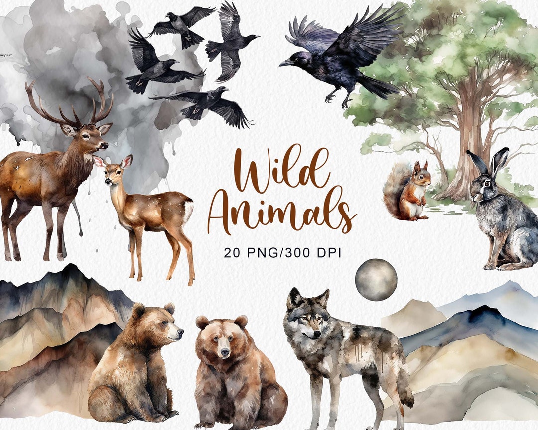 Watercolor Wild Animals Clipart Woodland Pine Trees Landscapes Mountain ...