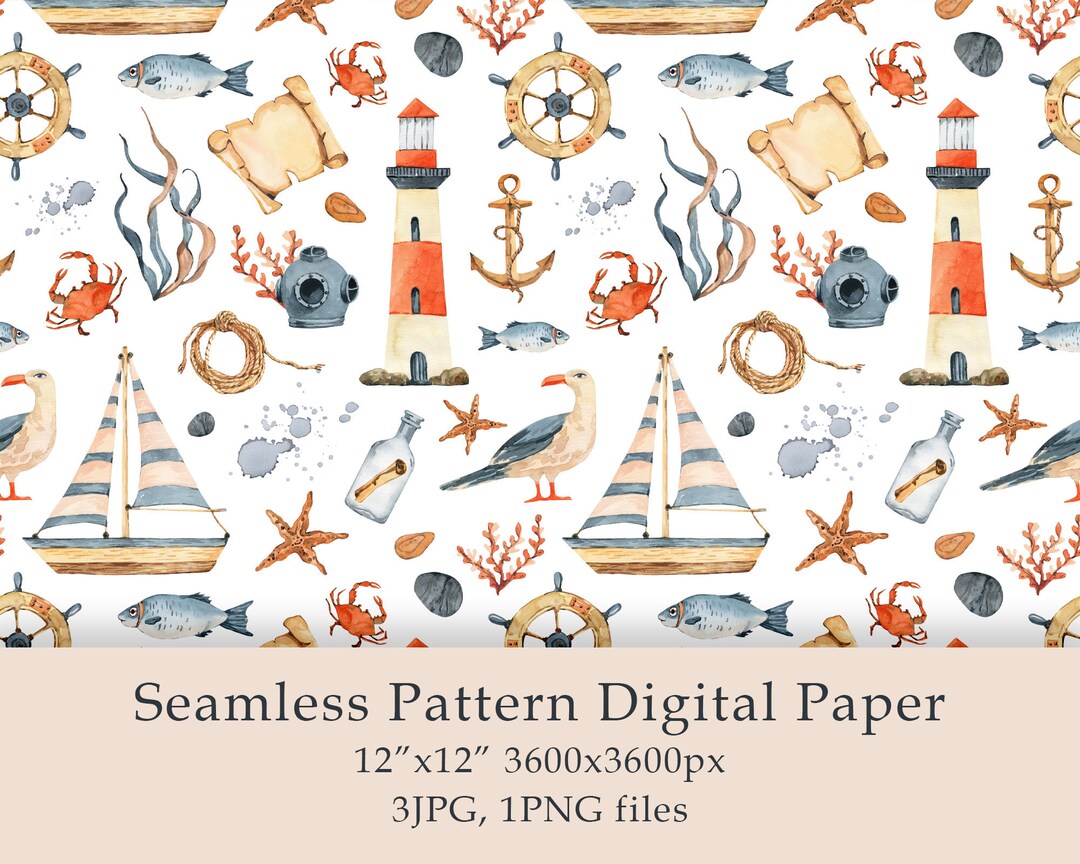 Watercolor Nautical Seamless Pattern Digital Paper, Lighthouse ...